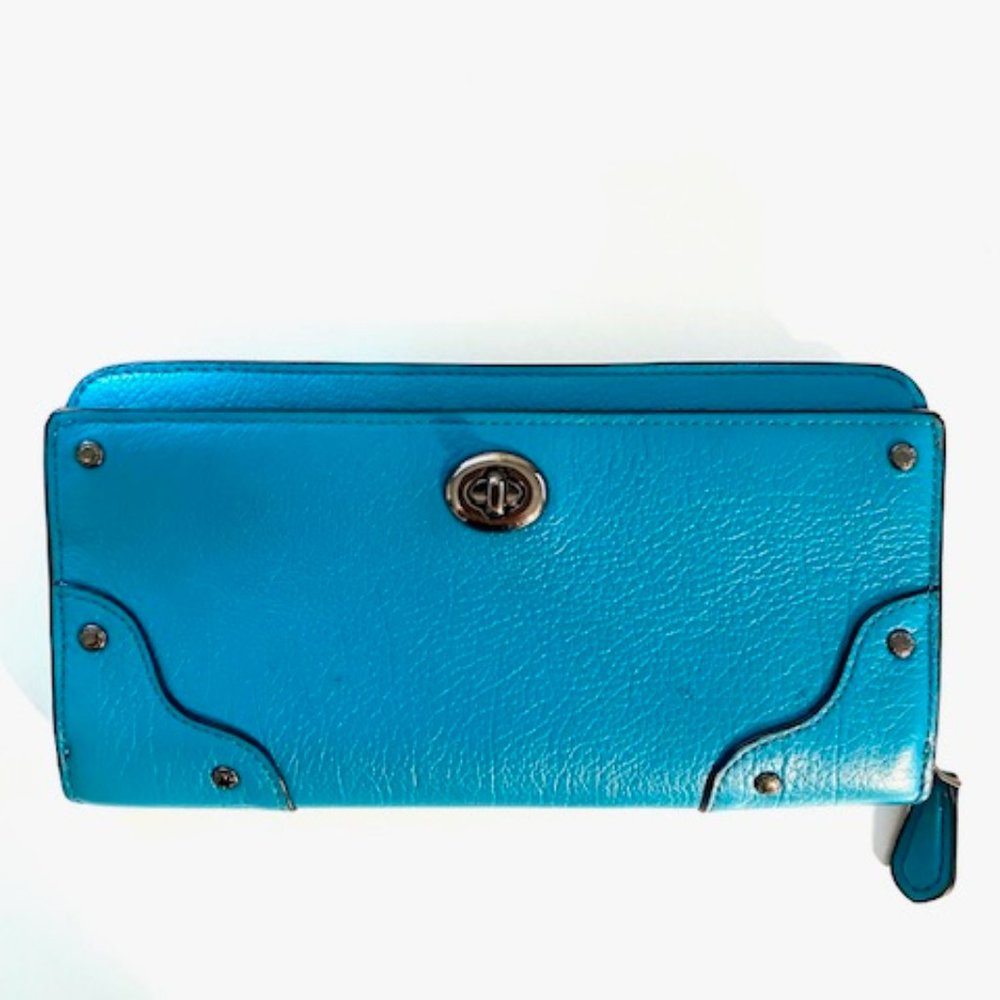 Coach Turquoise Pebbled Leather Wallet - Gem
